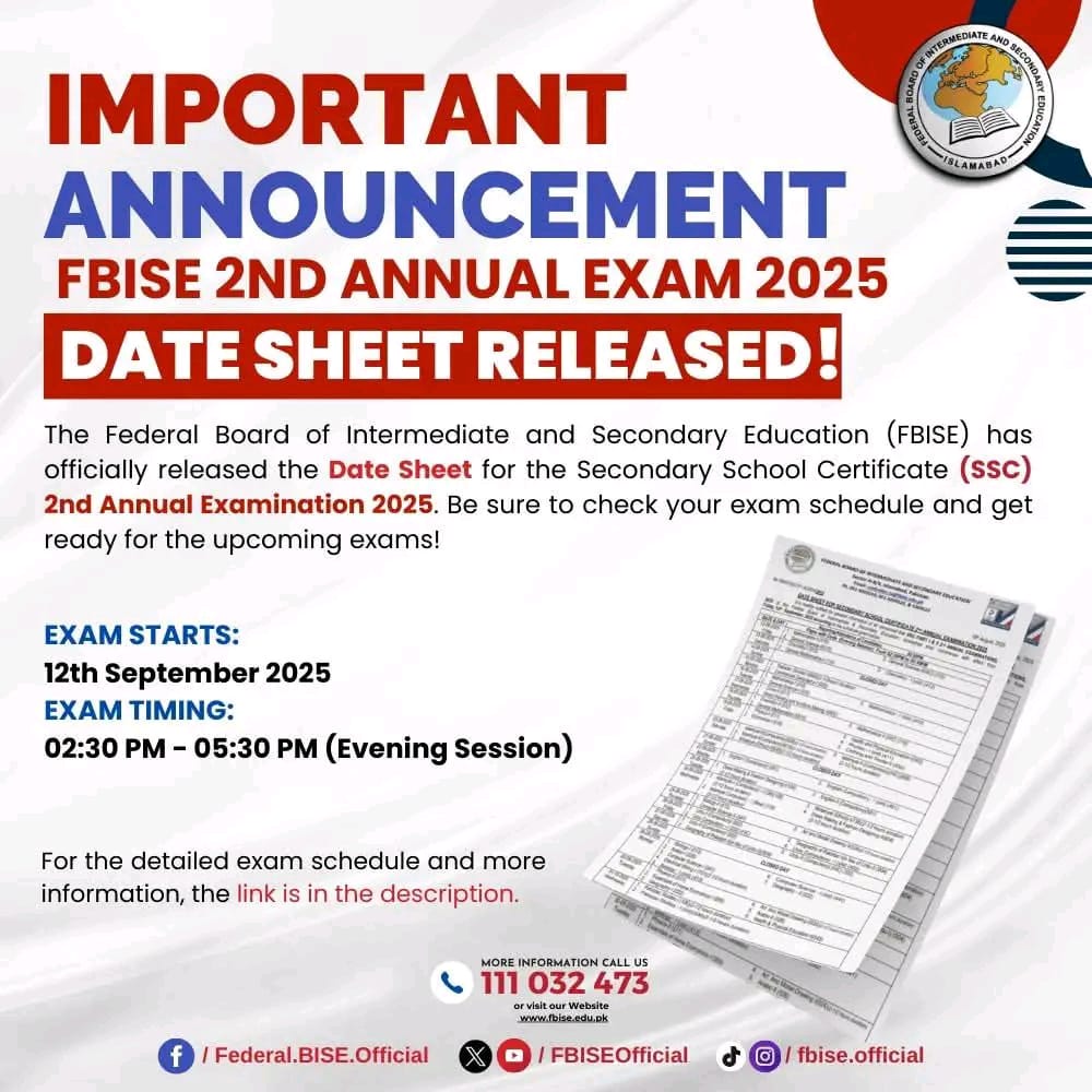 FBISE Matric 2nd Annual Exam 2025 Date Sheet Announced - SBA Paper